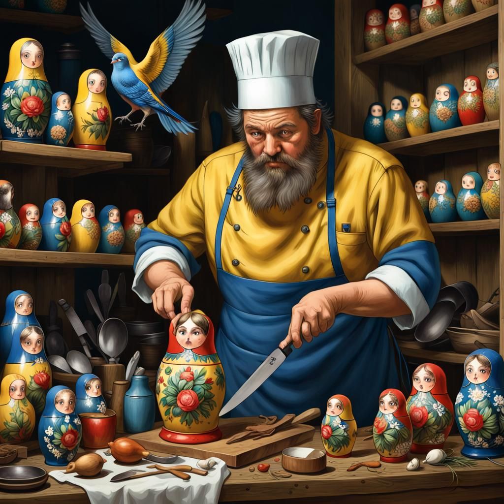 the chef in a yellow and blue apron cuts a russian wooden matryoshka ...