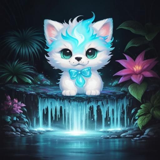 adorable cute chibi baby furry Puppy with a bioluminescent Waterfall in ...