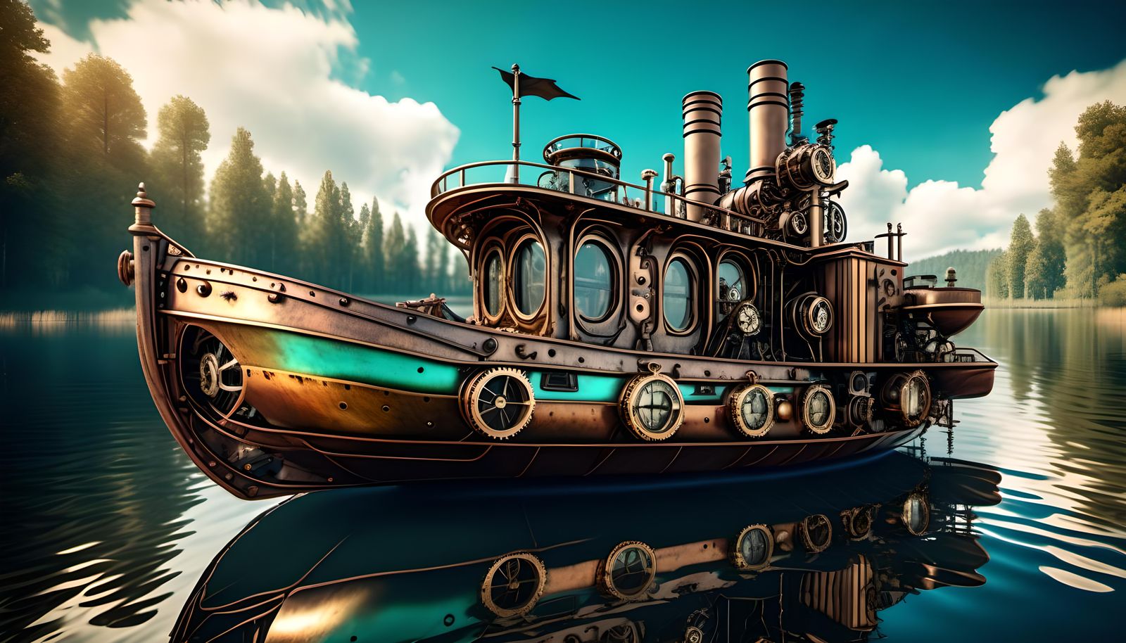A Steampunk Boat On The Lake In Summer (For Daily Challenge) - AI ...