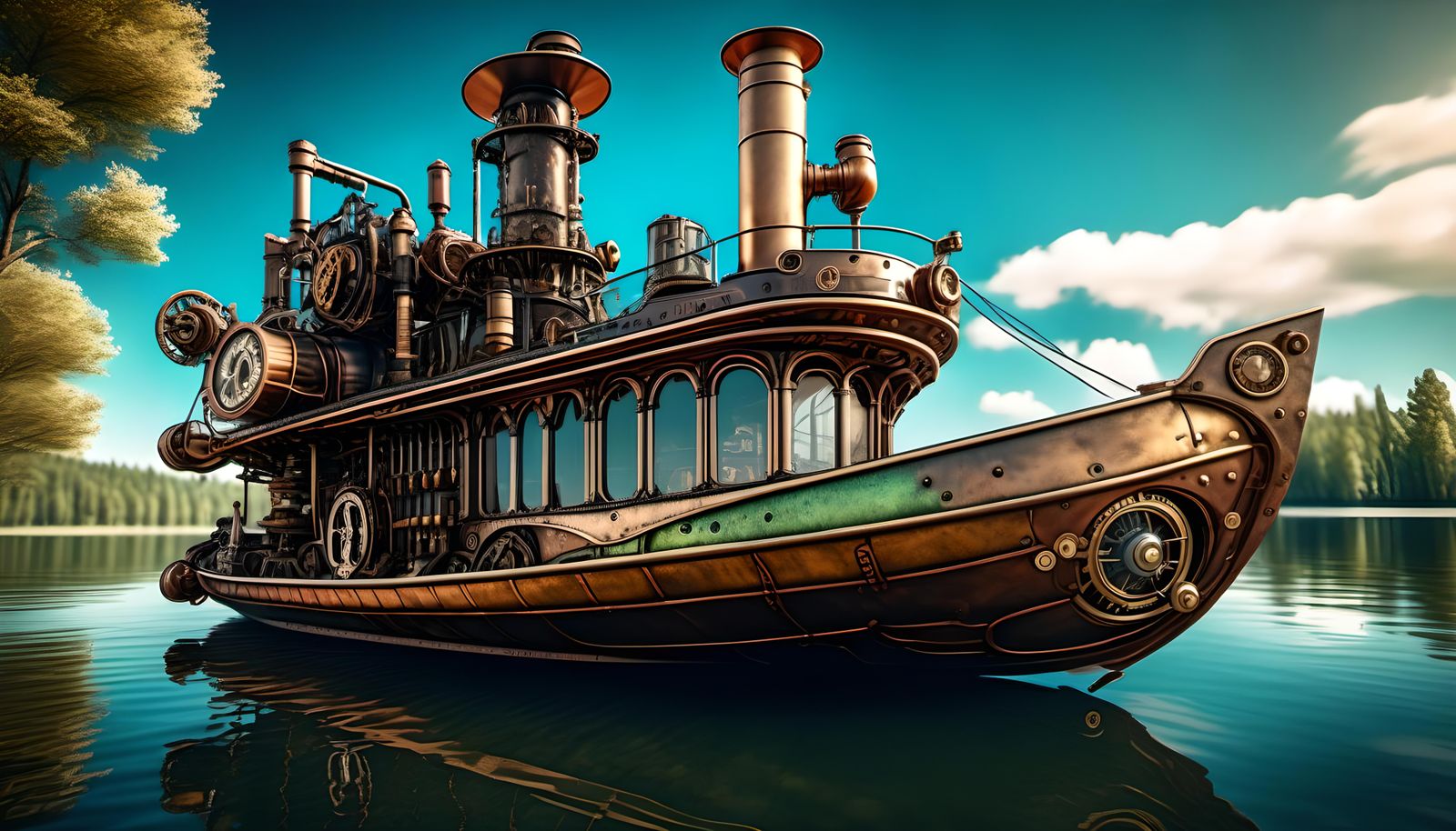 A Steampunk Boat On The Lake In Summer (Continued) - AI Generated Artwork - NightCafe Creator