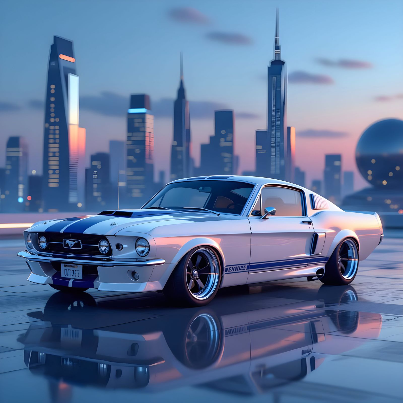 Restomod 1967 Ford Mustang in Futuristic Cityscape - AI Art