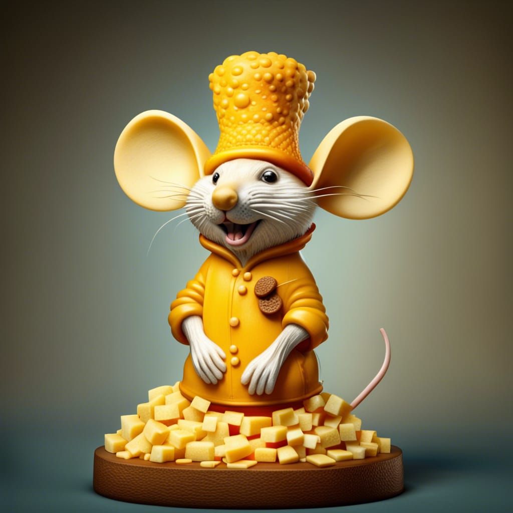 Cinematic cheesy mouse wearing sculptor hat, sculpture made of cheese ...