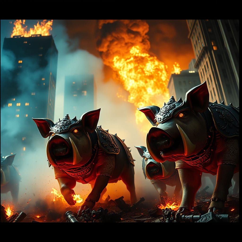 Cyberpunk War Hogs Clash on Fiery Battlefield at N... - AI Art