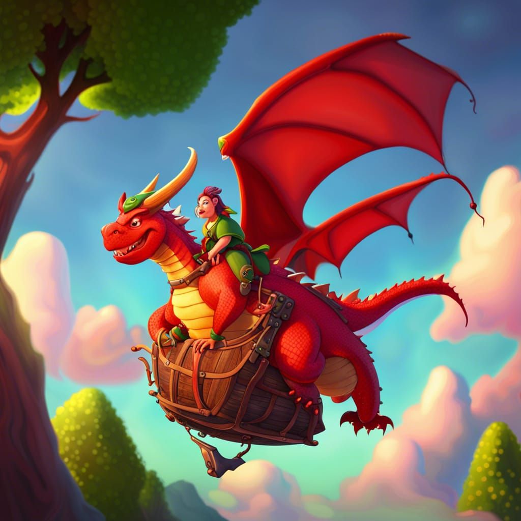 overweight, fat, portly red dragon giving a wood elf female a ride in ...