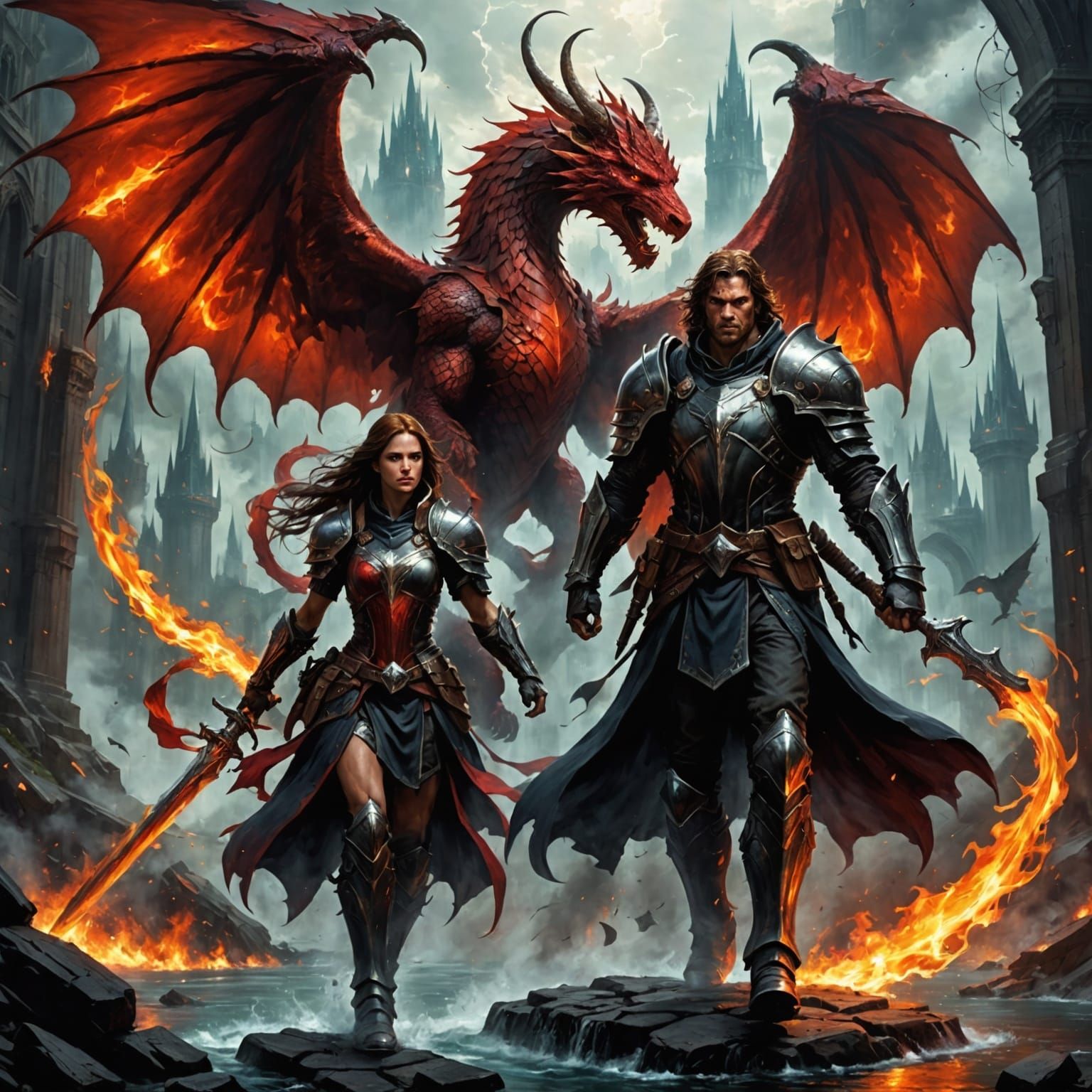 Epic Dark Fantasy Warriors Confront Destiny, Red F... - AI Art