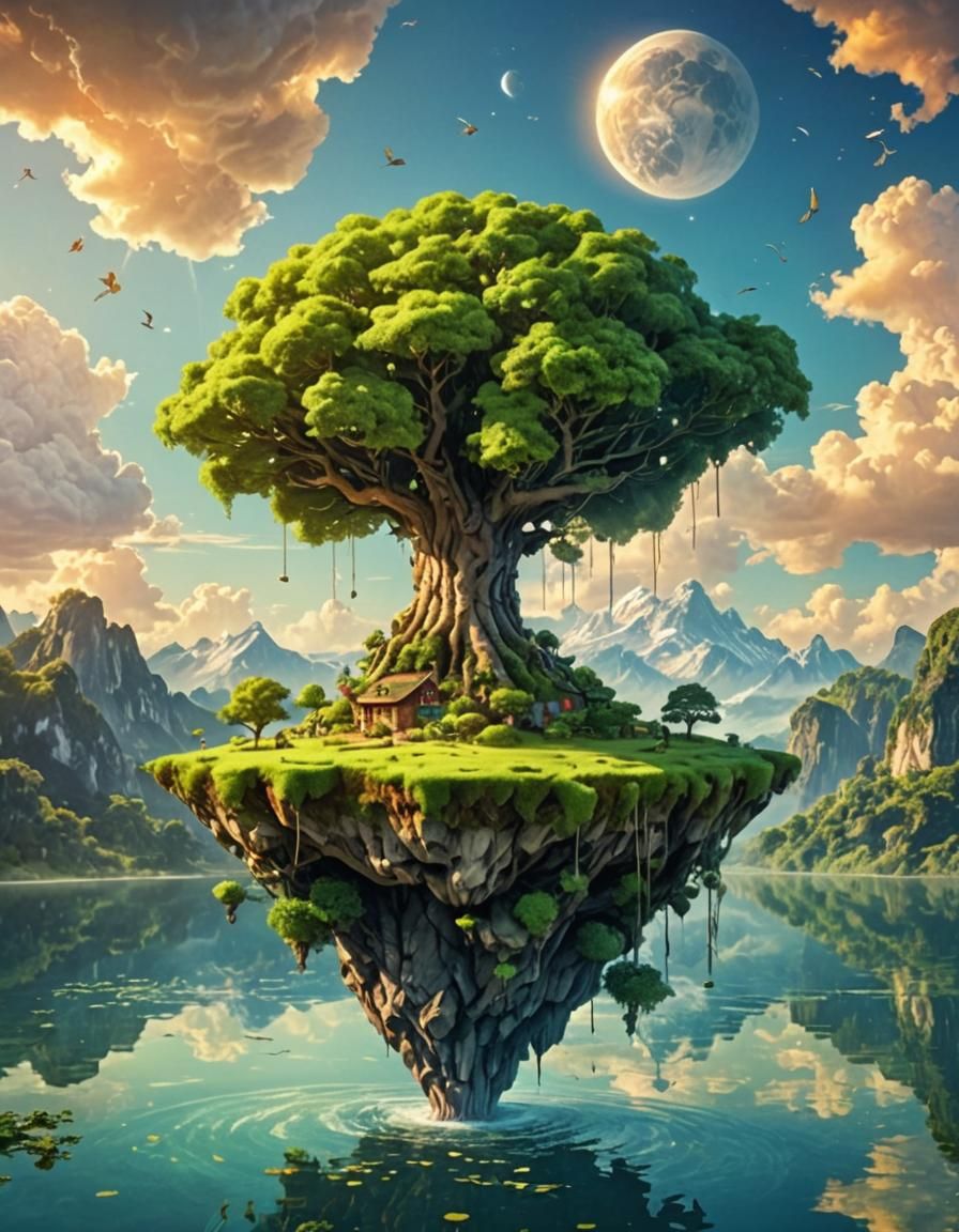 Magnificent floating island with a majestic tree, magical, whimsical ...