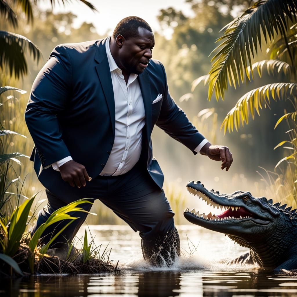 Man Kicking Crocodile in Swamp: Professional Photo... - AI Art