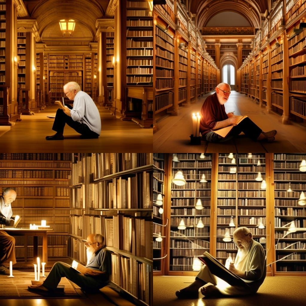 Ancient library by candlelight with a very old man sitting on the floor ...