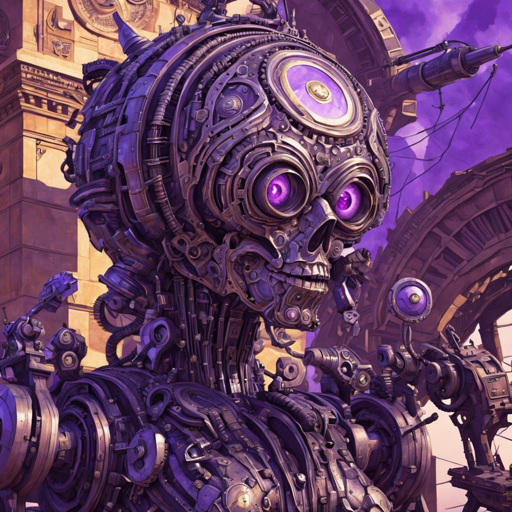 "Colossal mechanism (vanta blackened:1.5), vertical line violet toned ...