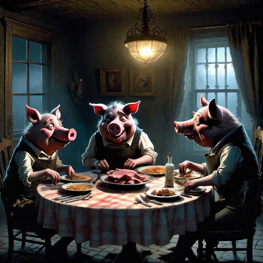 Three Little Pigs Gathered around a dinner table hungrily looking at ...