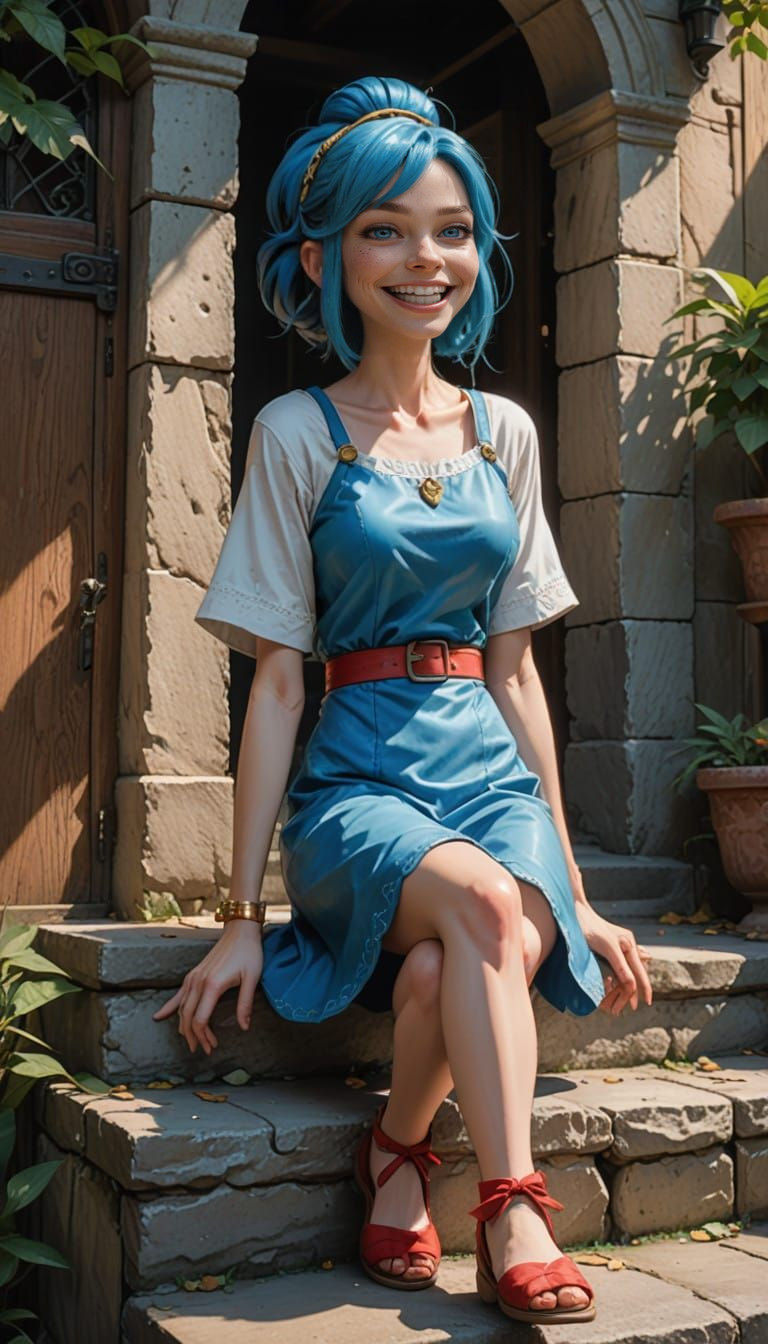 Smurfette sitting on stone steps, having a belly laugh and throwing her ...