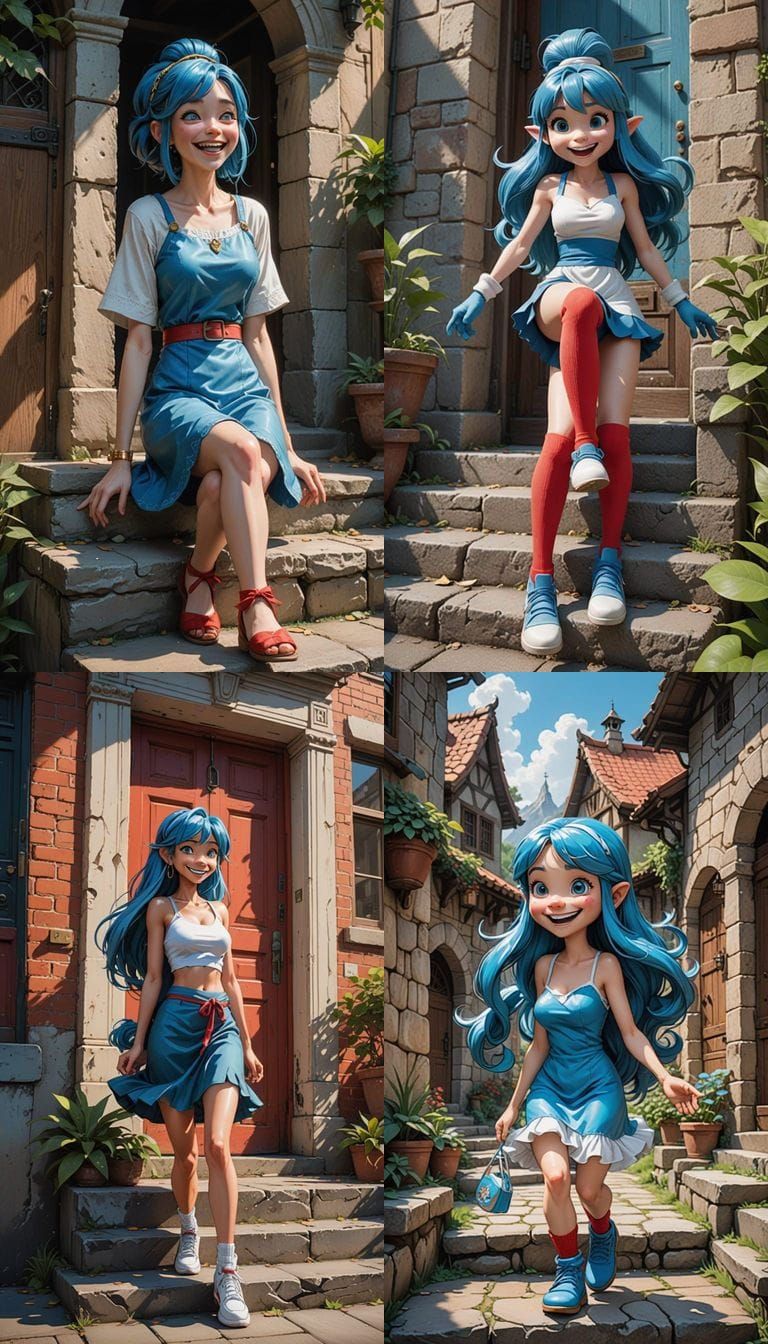 Smurfette sitting on stone steps, having a belly laugh and throwing her ...