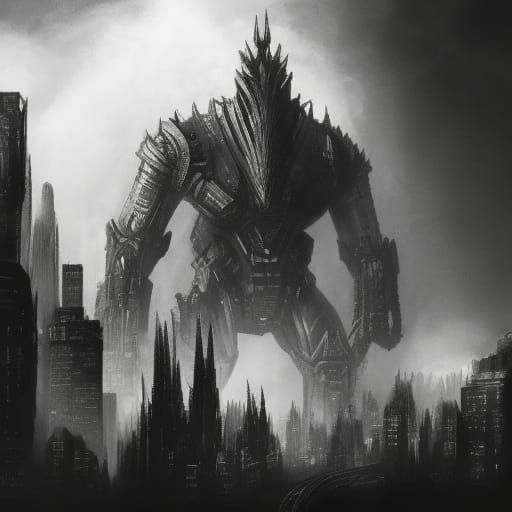 massive,ancient mech towering over sprawling metropolis,casting long ...