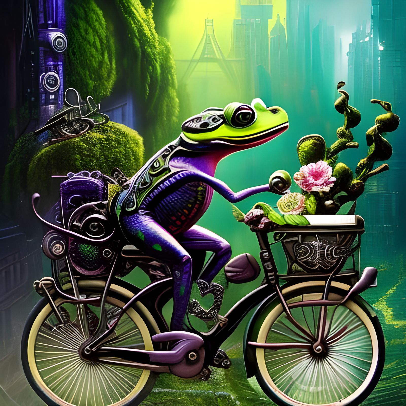Frog riding a bicycle. Anthropomorphic cute cyberpunk synth wave frog ...