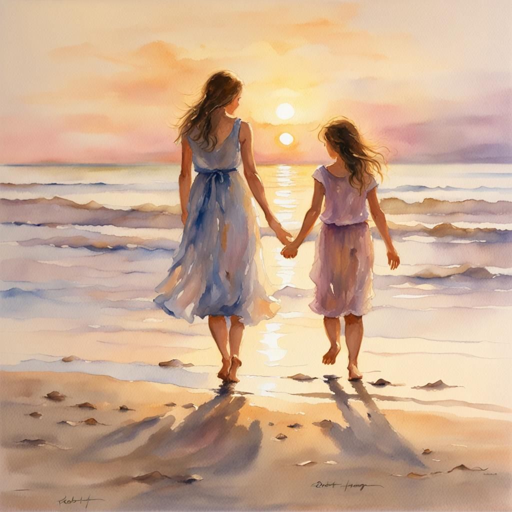"Mother and daughter at the beach, intricate details, romantic ...