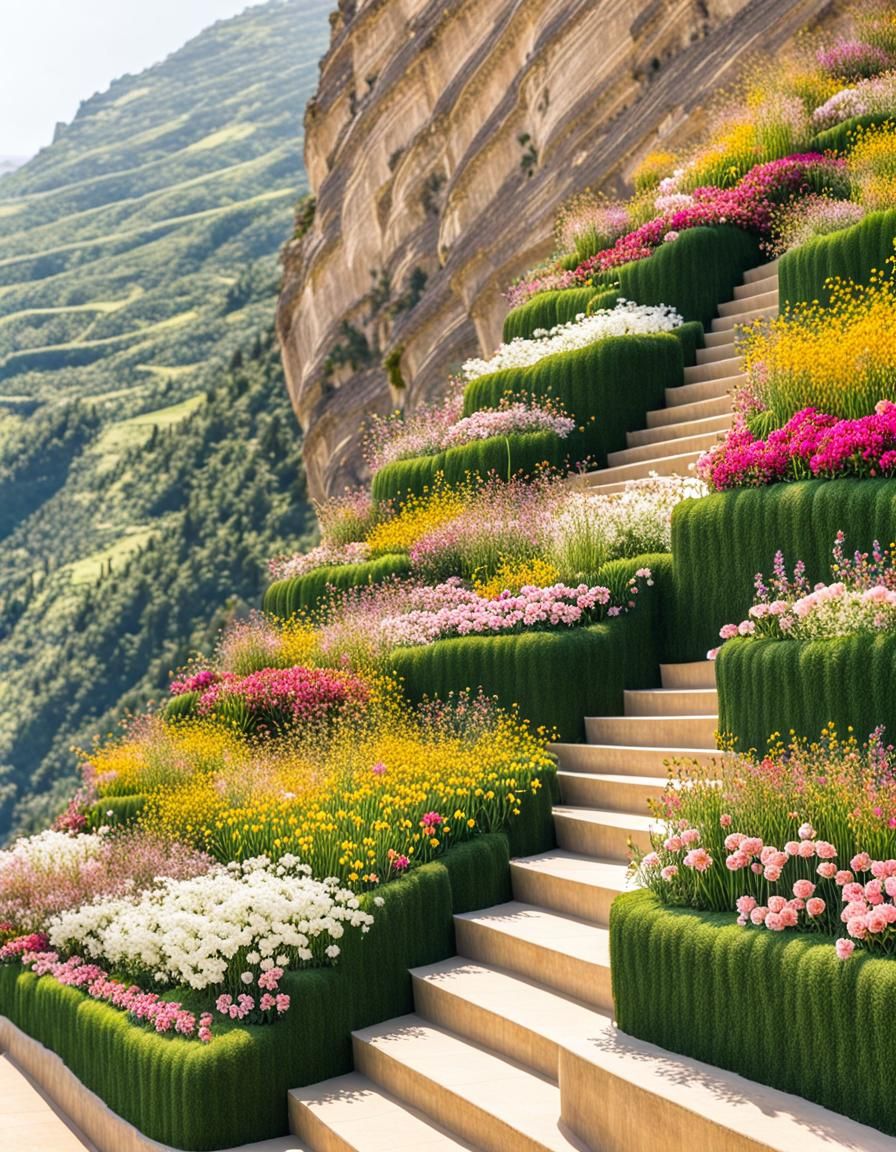 Side of a hill full of flowers, natural rising platforms in the hill ...