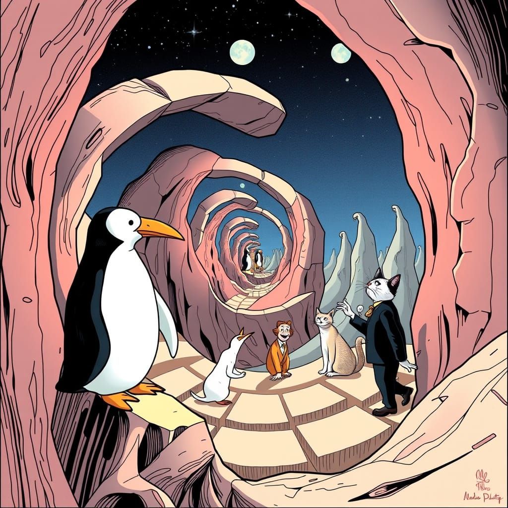 Immersive Bloom County Cast in Escher-Inspired Möb... - AI Art