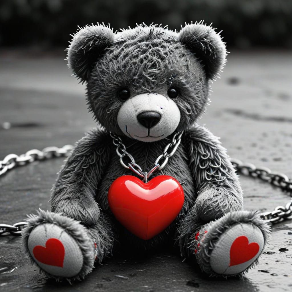 Emo Teddy Bear Heart in Vibrant Red Chains