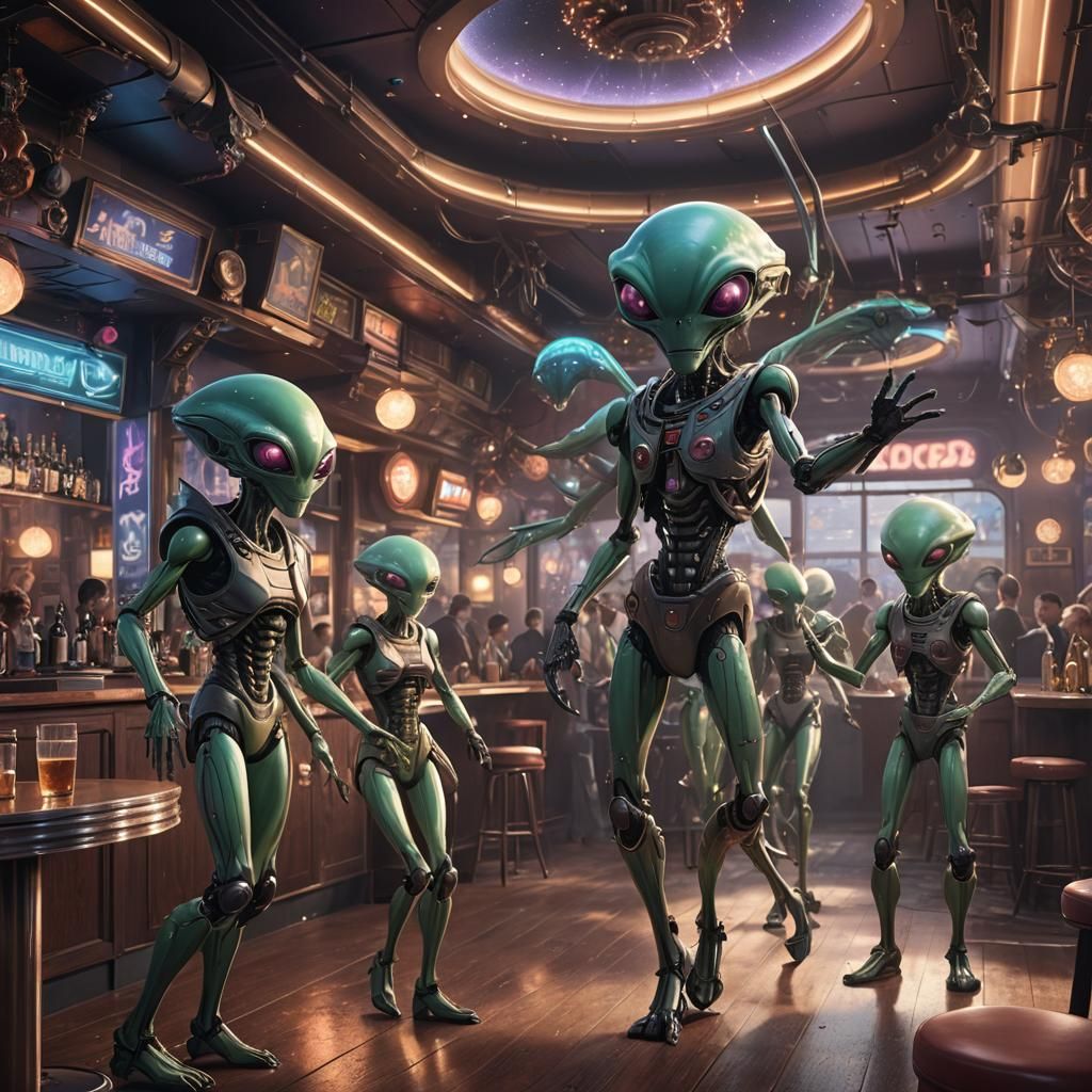 Dancing Aliens in a 1960 Disco pub. Epic cinematic brilliant stunning ...