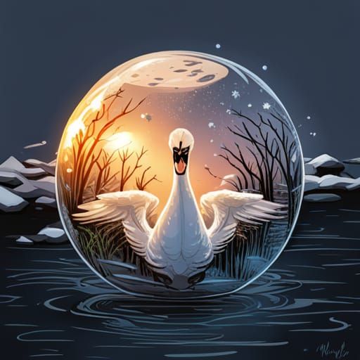 Normal Swan on pond in glass bubble. Ice crystals - AI Generated ...