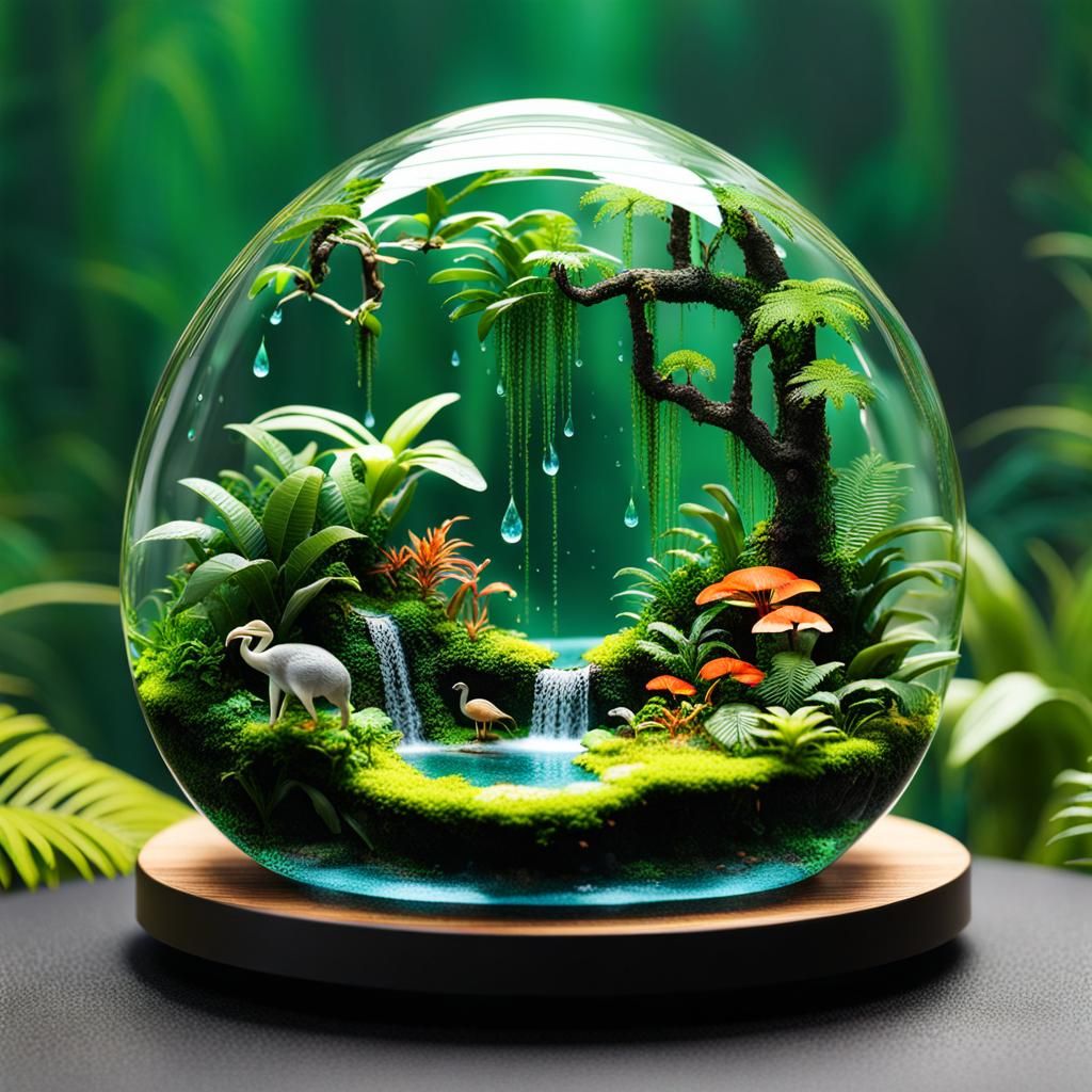 Generate an image of a resin raindrop with a miniature rainforest ...