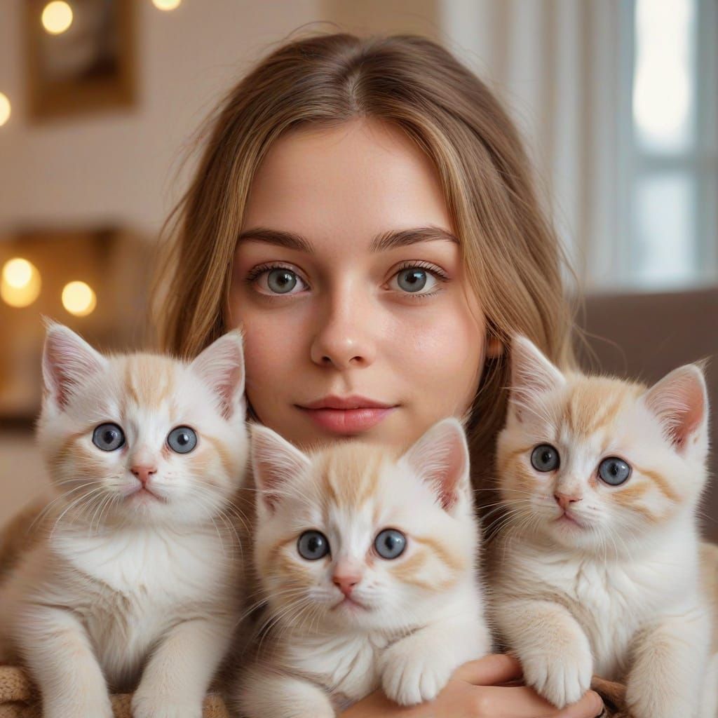 Cute Kittens Gaze Up at Owner in Hyper-Realistic P... - AI Art