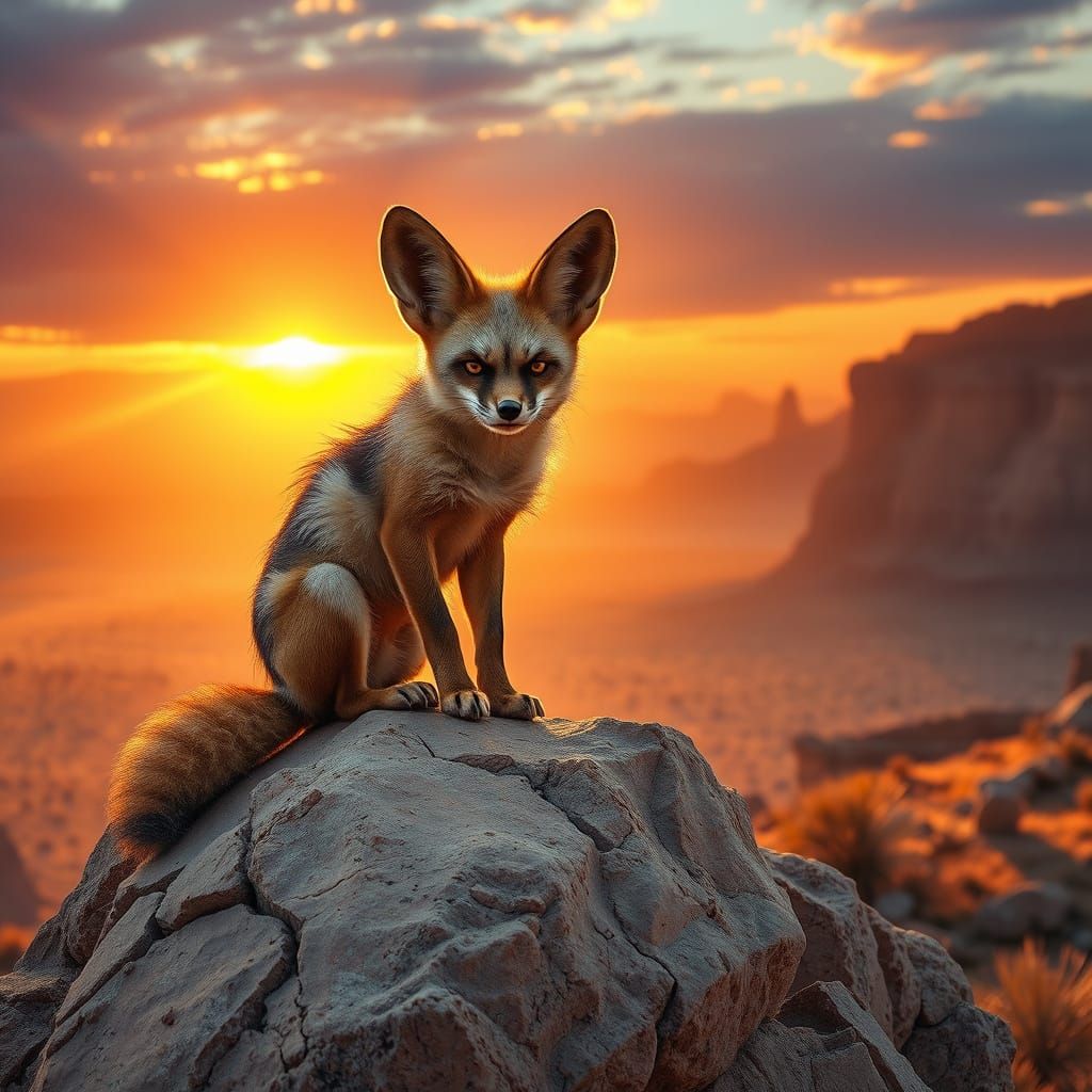 Surreal Desert Sunset with Gruff Fennec Fox - AI Art