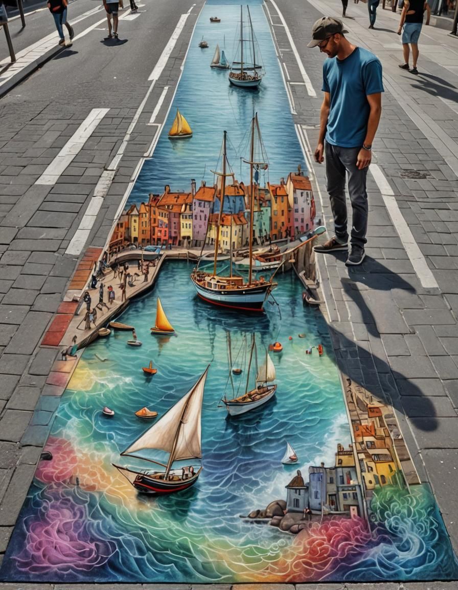 City street chalk art The artist drawing 3pastel chalk art the of ...