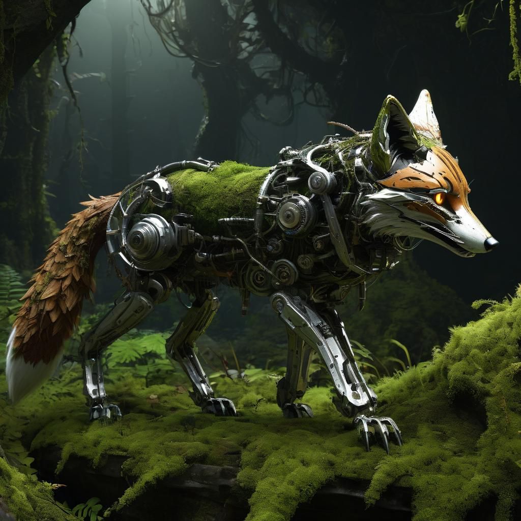Decaying Sentinel: A moss-covered mechanical fox, crumbling into ...