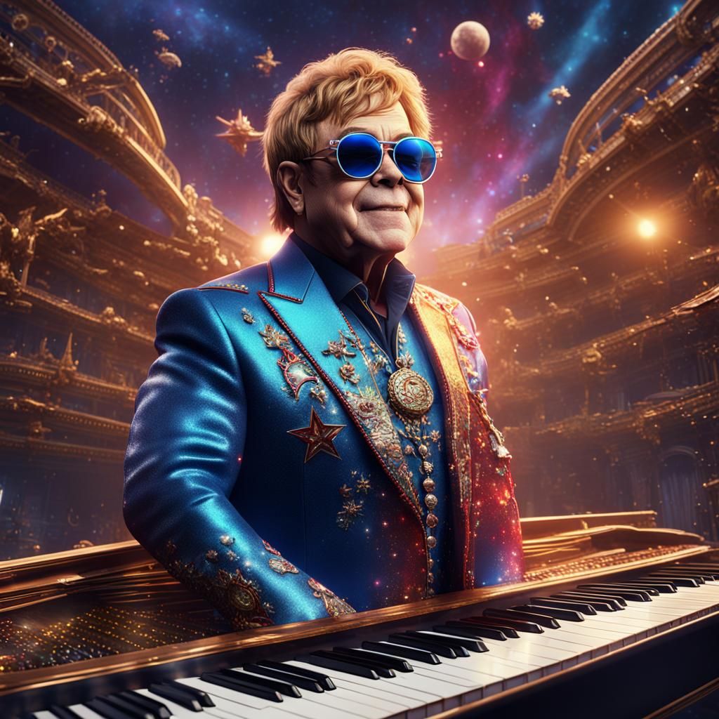 Rocket man Elton John wearing star sunglasses standing on top of piano ...