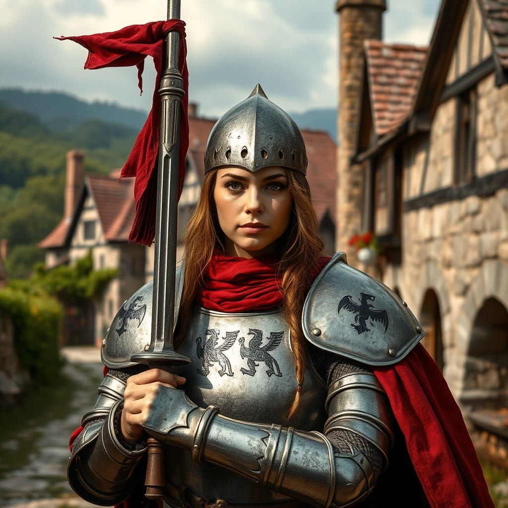 Medieval Templar Maiden in a Bustling Village - AI Art