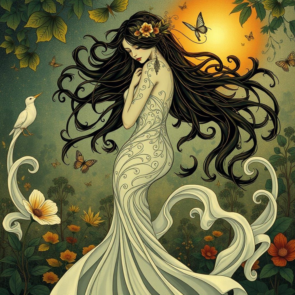 Surreal Art Nouveau Woman Blends with Nature in Dr... - AI Art