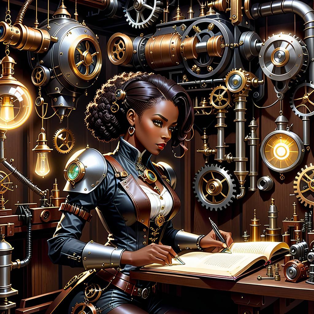 intricately detailed storybook illustration, steampunk dark-skinned ...