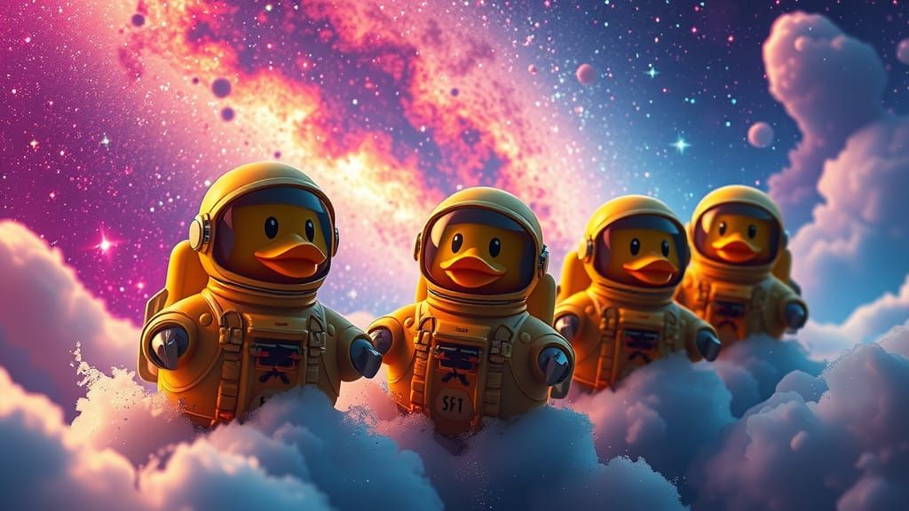 Rubber Ducks Parade in Vibrant Galaxy Landscape - AI Art