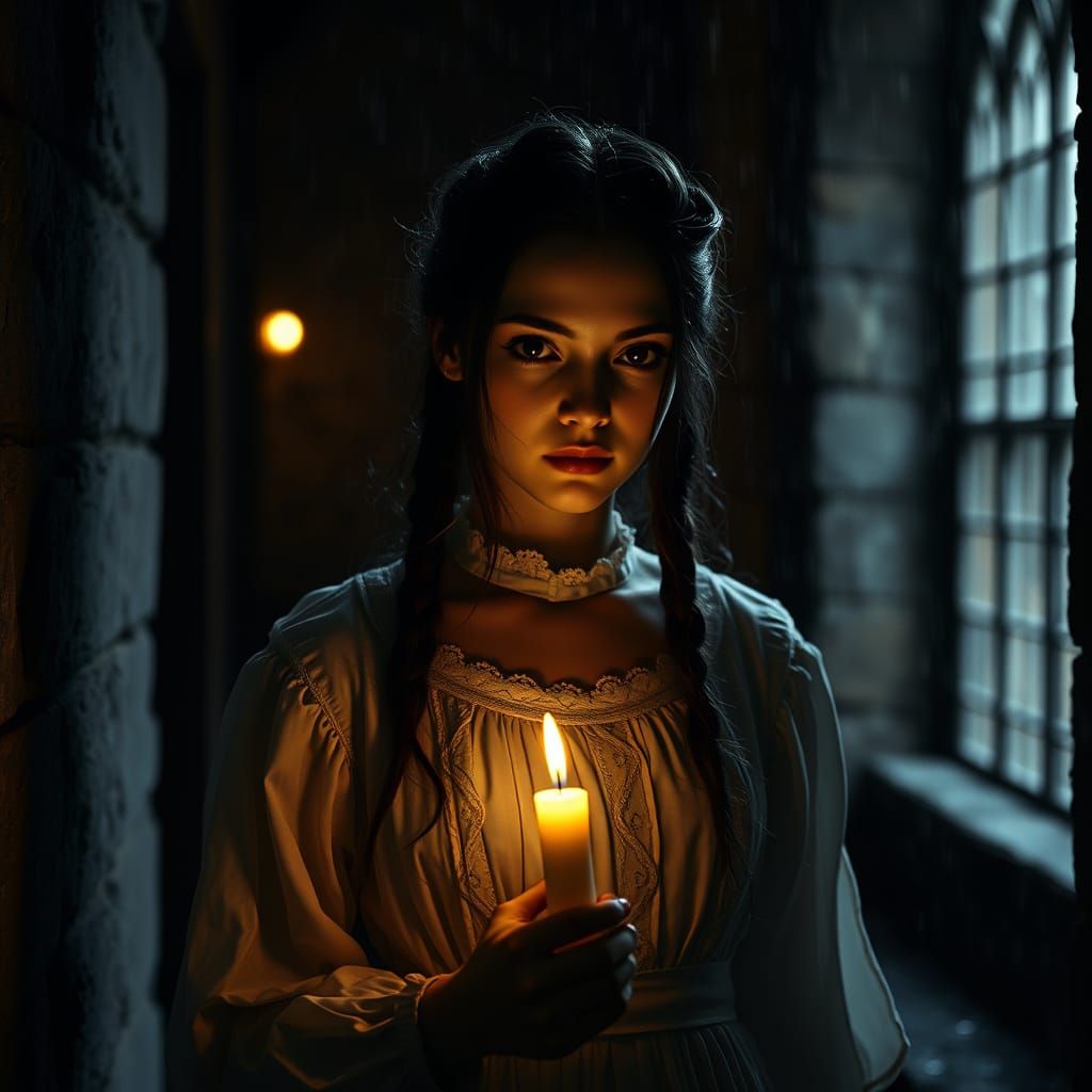Ethereal Castle Maiden Illuminated by Flickering C... - AI Art