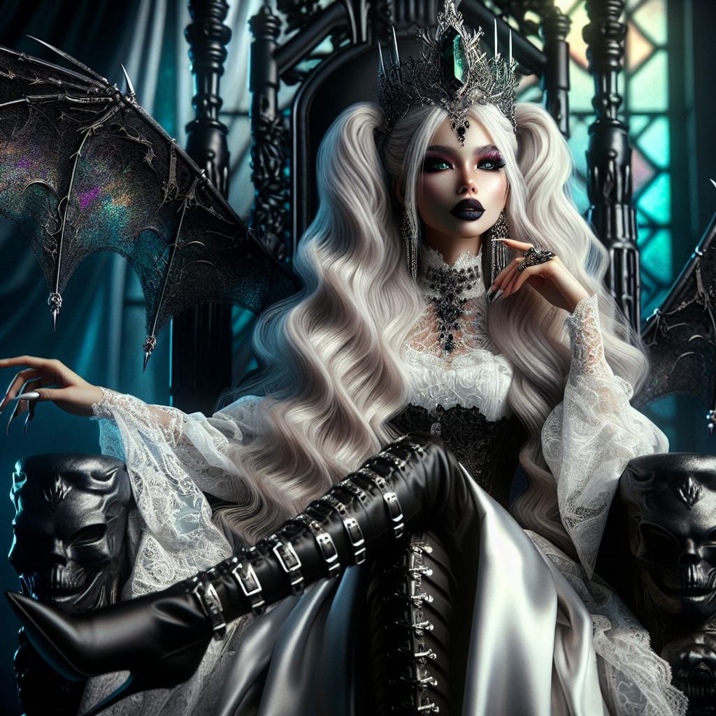 The image is of a beautiful evil queen. She has extremely long blond ...