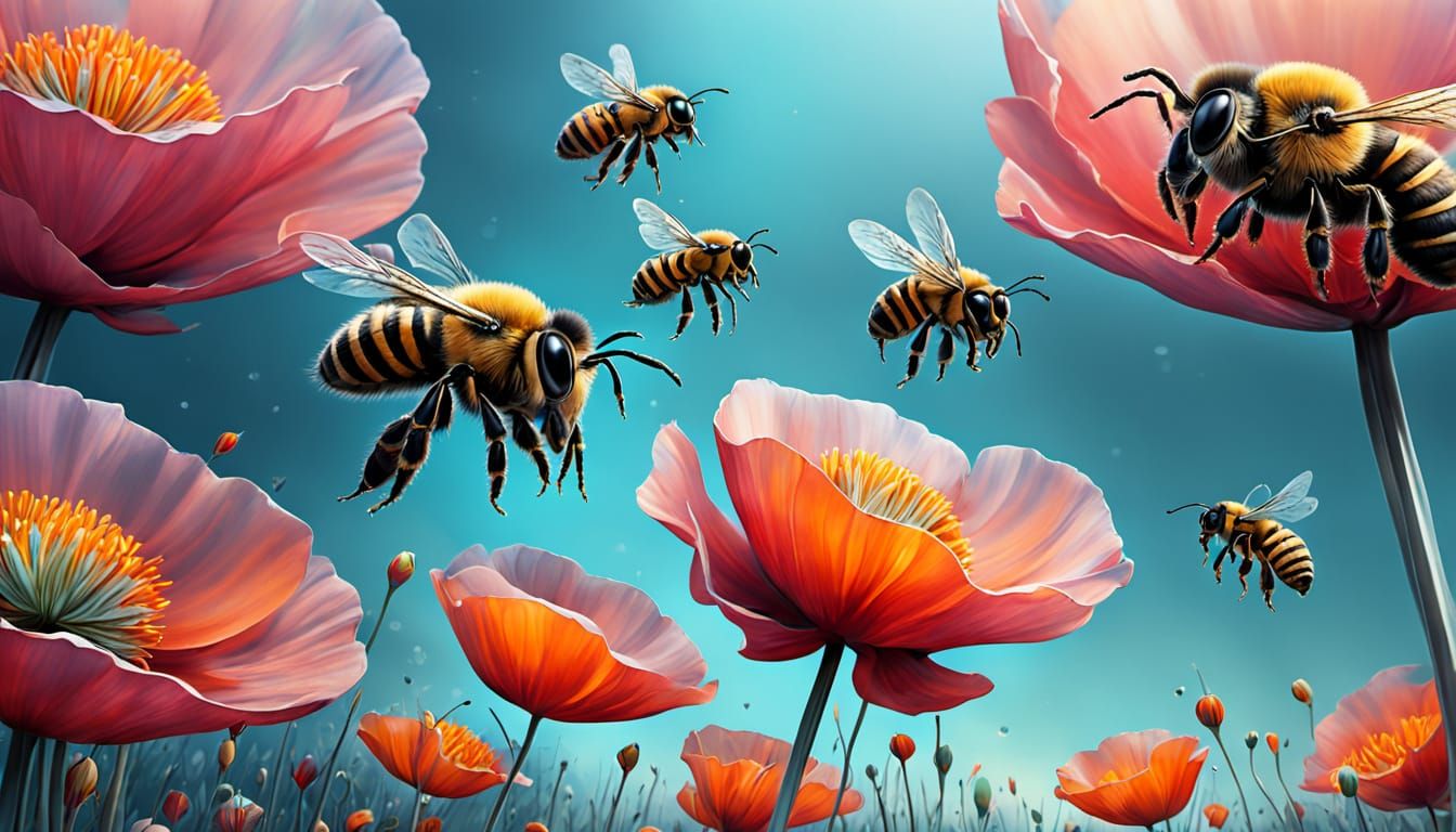 Surreal Bees Dance Amidst Crystal Poppies on Steel... - AI Art