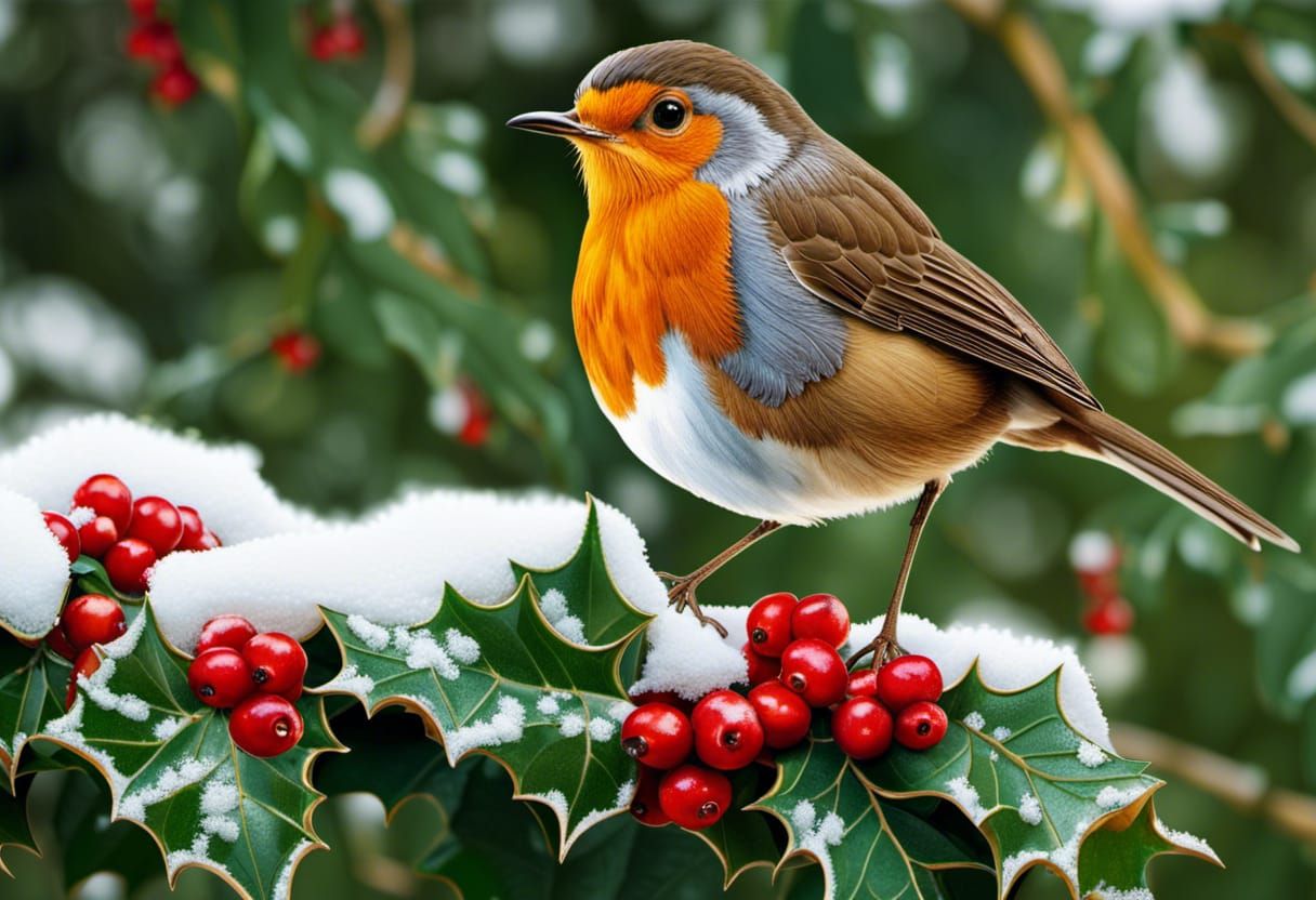 A pretty robin on a holly bush with red berries and snow - AI Generated ...