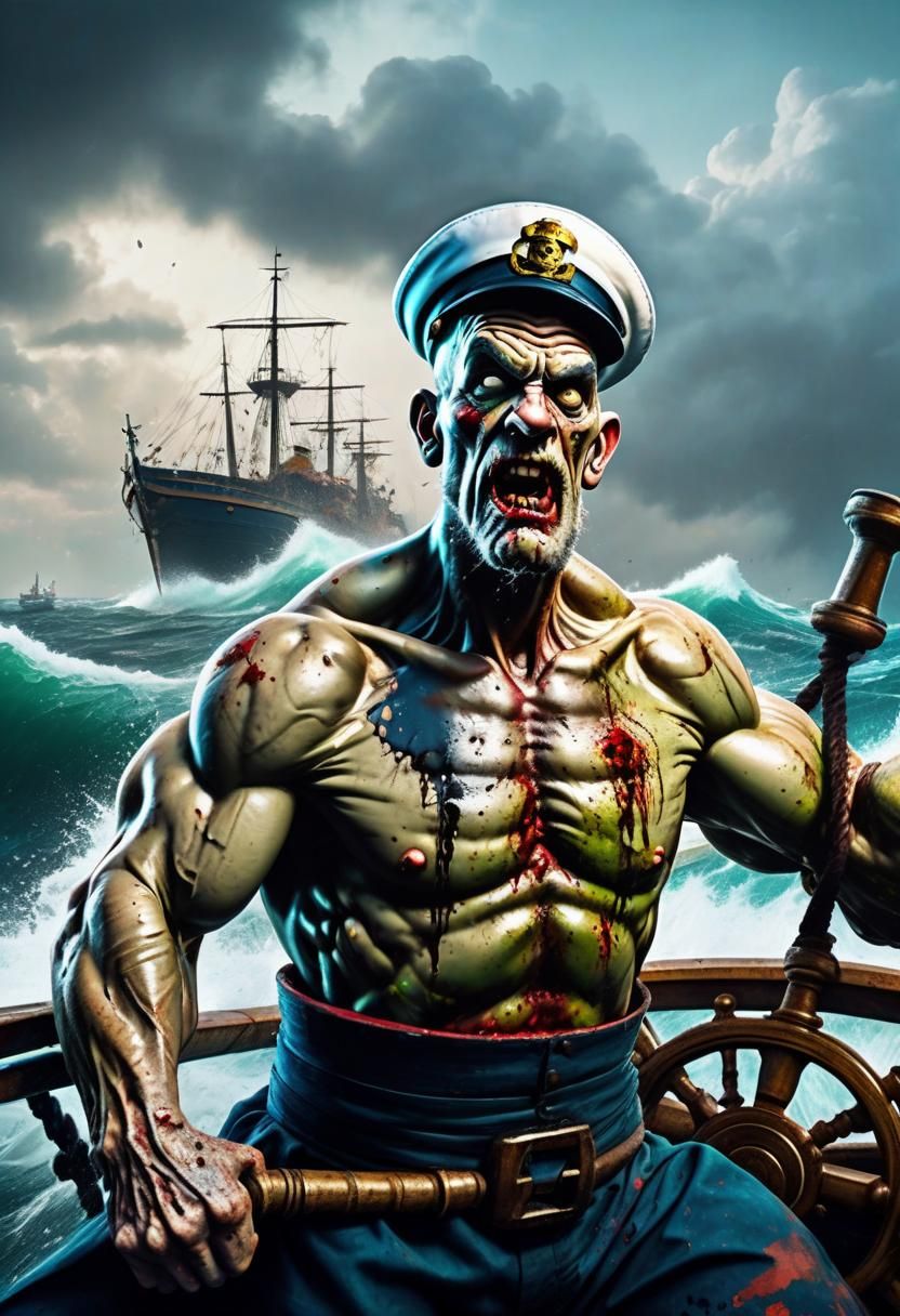 zombie popeye the sailor man holding fast to the helm of a ship in ...