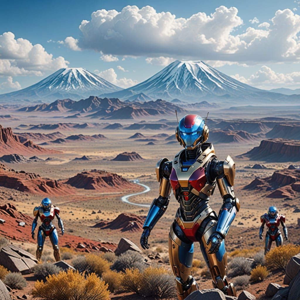 Cyborg Fembot Scientists in Epic Sci-Fi Landscape - AI Art