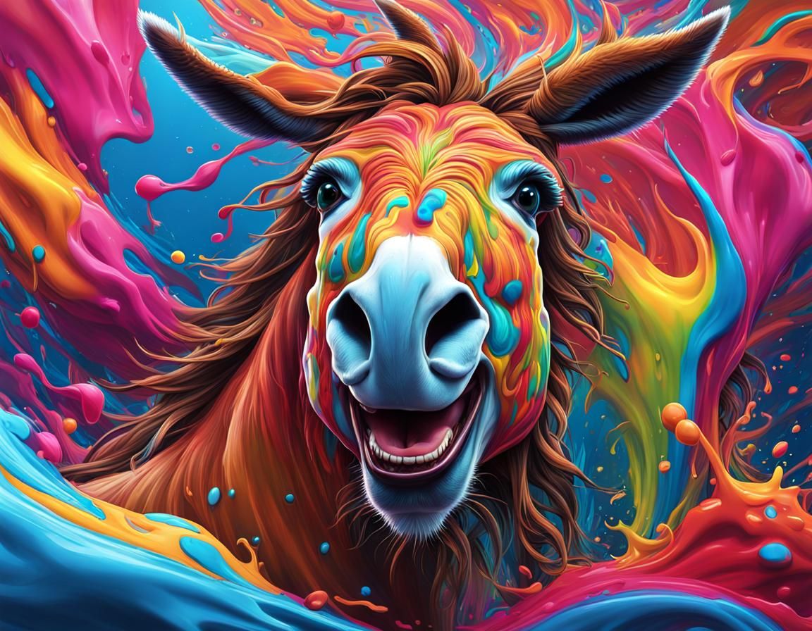 Splash Art, Liquid_Portrait Of A laughing Donkey Face Made_Of_Colours ...