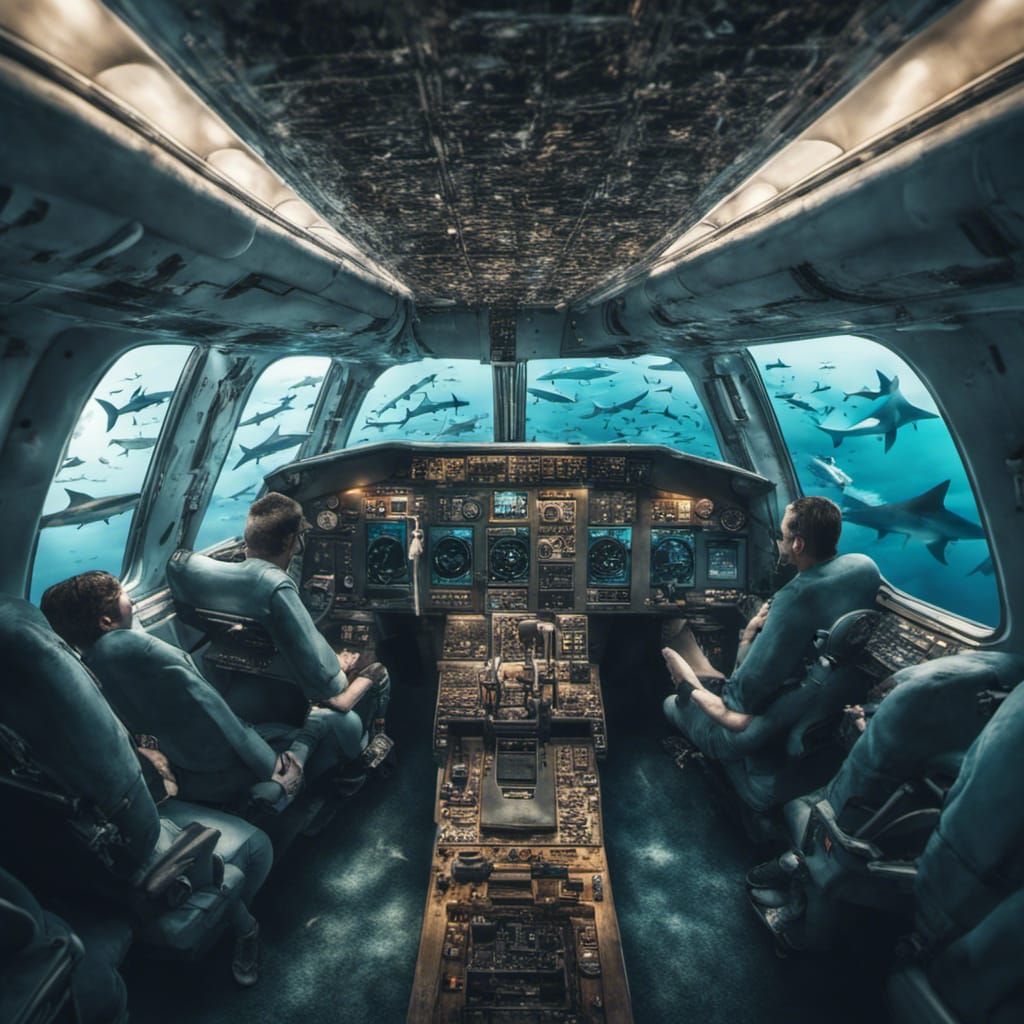 airplane flight inside an ocean surrounded with sharks as bodyguards ...
