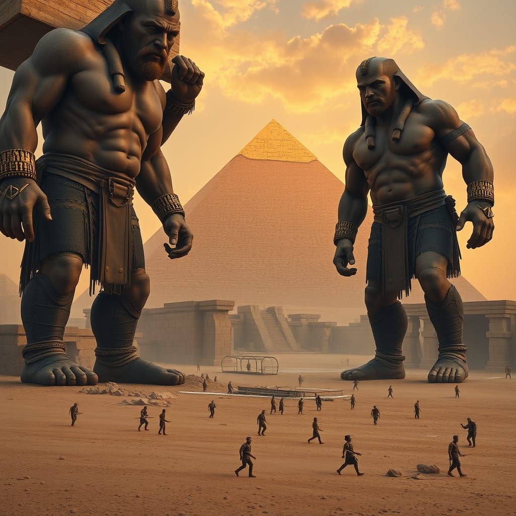 MYTHICAL GIANTS BUILDING PYRAMIDS IN ANCIENT EGYPT.