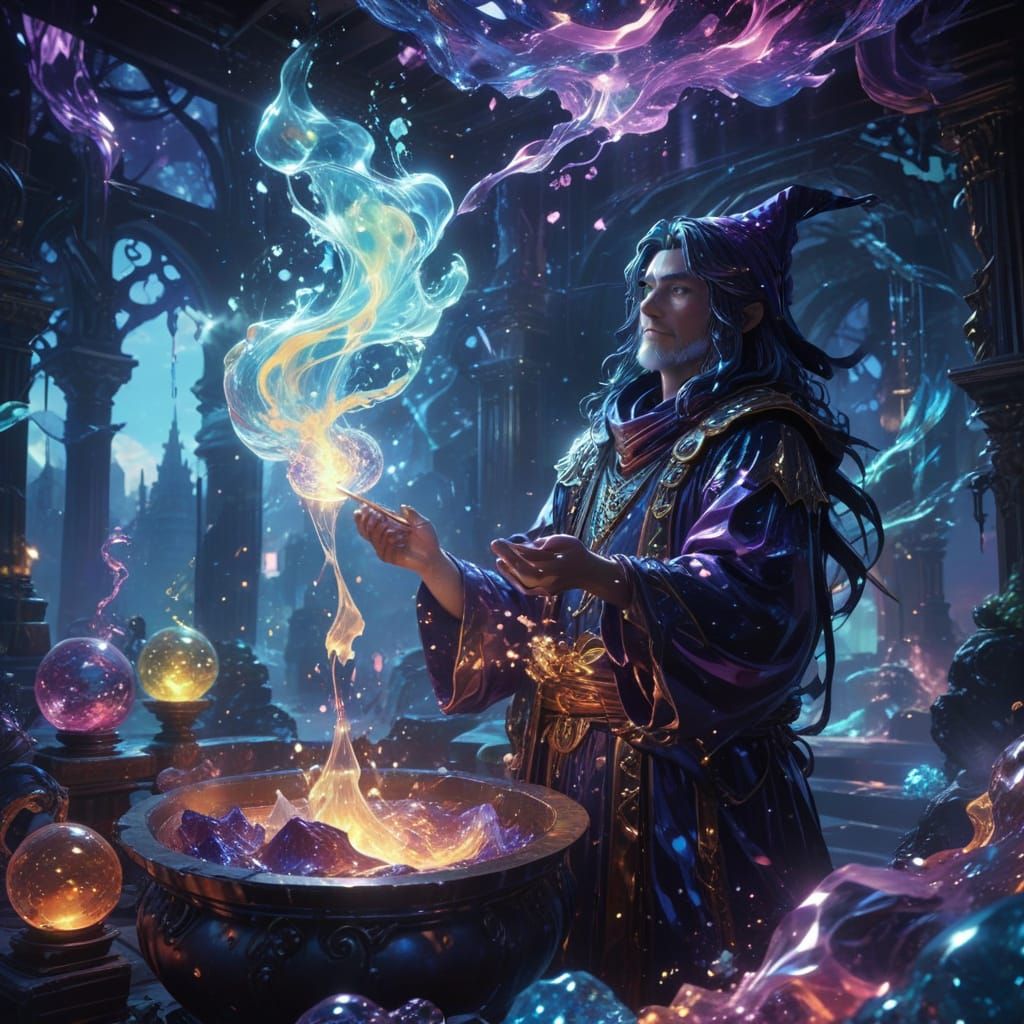 Ancient Wizard Stirs Cosmic Cauldron in Vibrant An... - AI Art