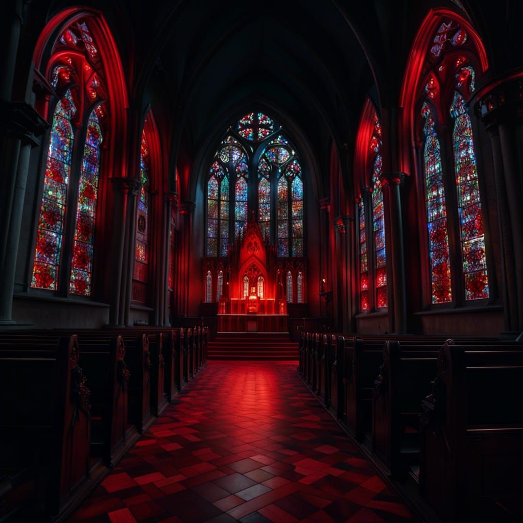 Neo-gothic church bright red lights eerie stained glass windows - AI ...