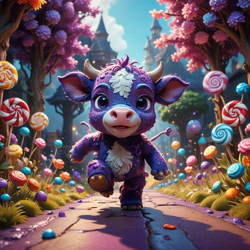 Whimsical Chibi Cow Runs Down Candy Lane in Vibran... - AI Art