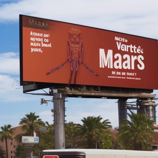 A billboard advertising a six-month trip to mars with the words "Mars ...