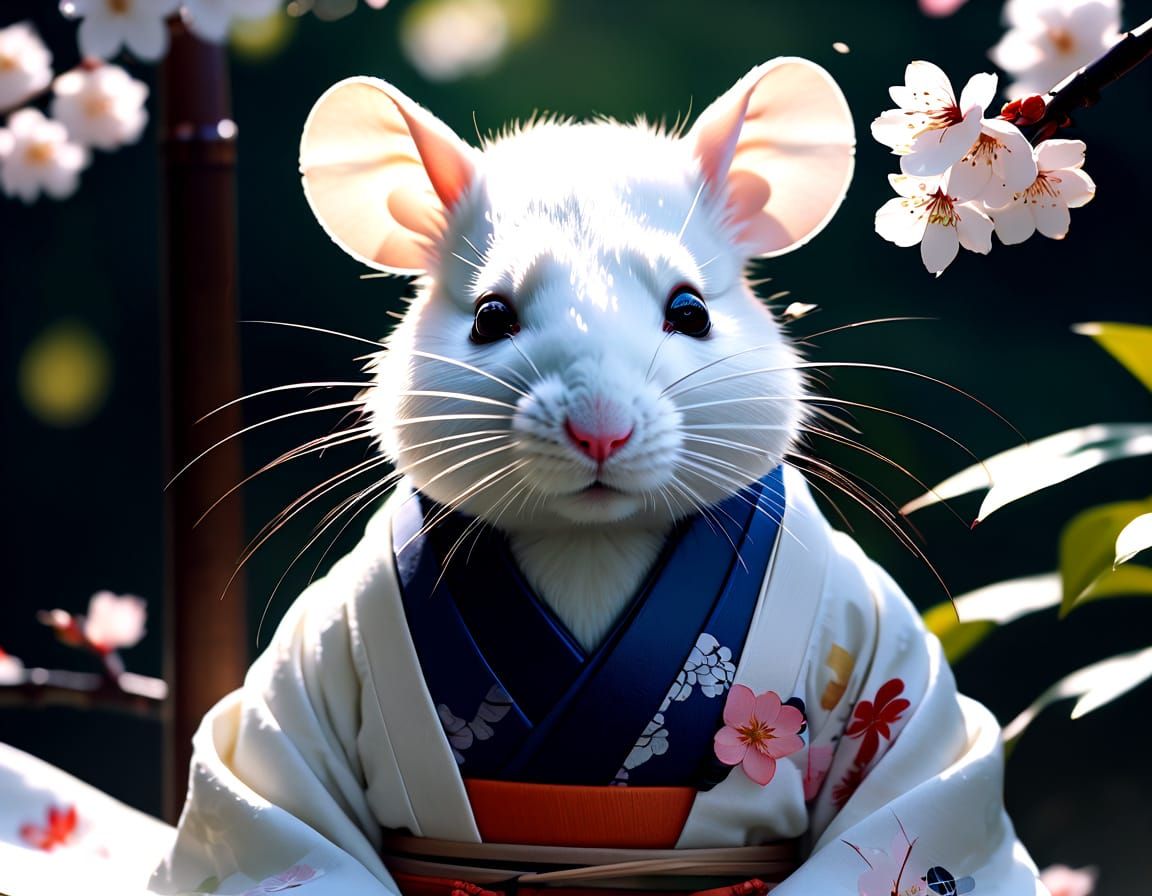 Kimono Rat Plushie Sips Tea: Anime Art - AI Art