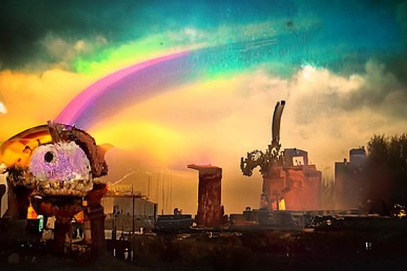 giant rainbow rusty robot destroying city - AI Generated Artwork ...