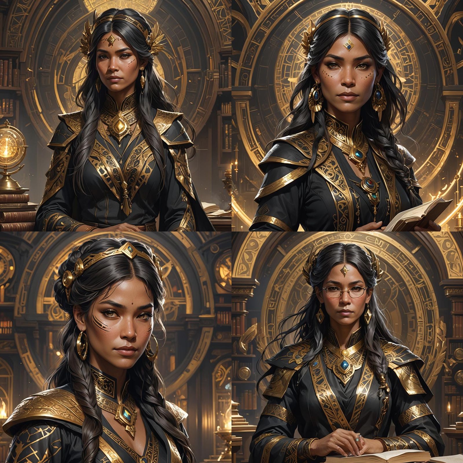 Indigenous female librarian wearing black and gold sorceress professor ...